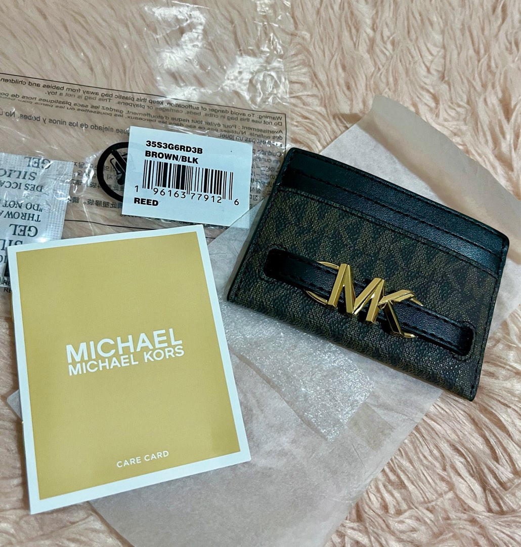 MICHAEL KORS MK Reed Card Holder Wallet, MK Signature Logo Brown/Black ...