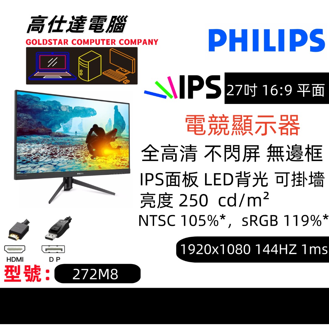 PHILIPS 飛利浦 電競顯示器 27吋 平面272M8 全高清（1920x1080 144HZ） 薄身 防眩光 顯示器 IPS面板 W ...