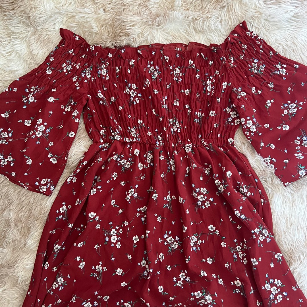 Red Floral Midi Dress Off Shoulder Gartered Smoked Long Dress, Women's ...