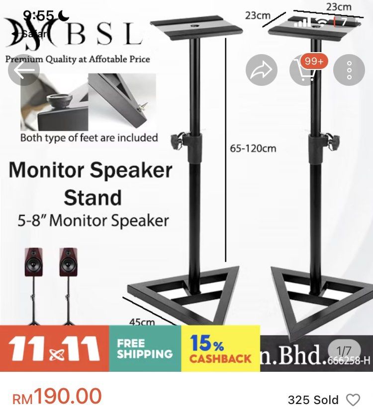 BSL Adjustable Studio Monitor Speaker Stand for 5 to 8 inch Full Sized ...