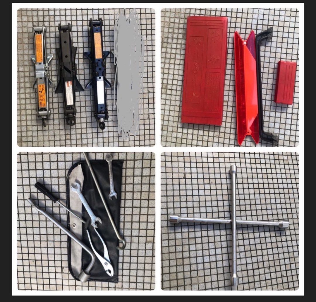 Car jack, tools, cross wrench, jack handle, breakdown triangle , Car ...