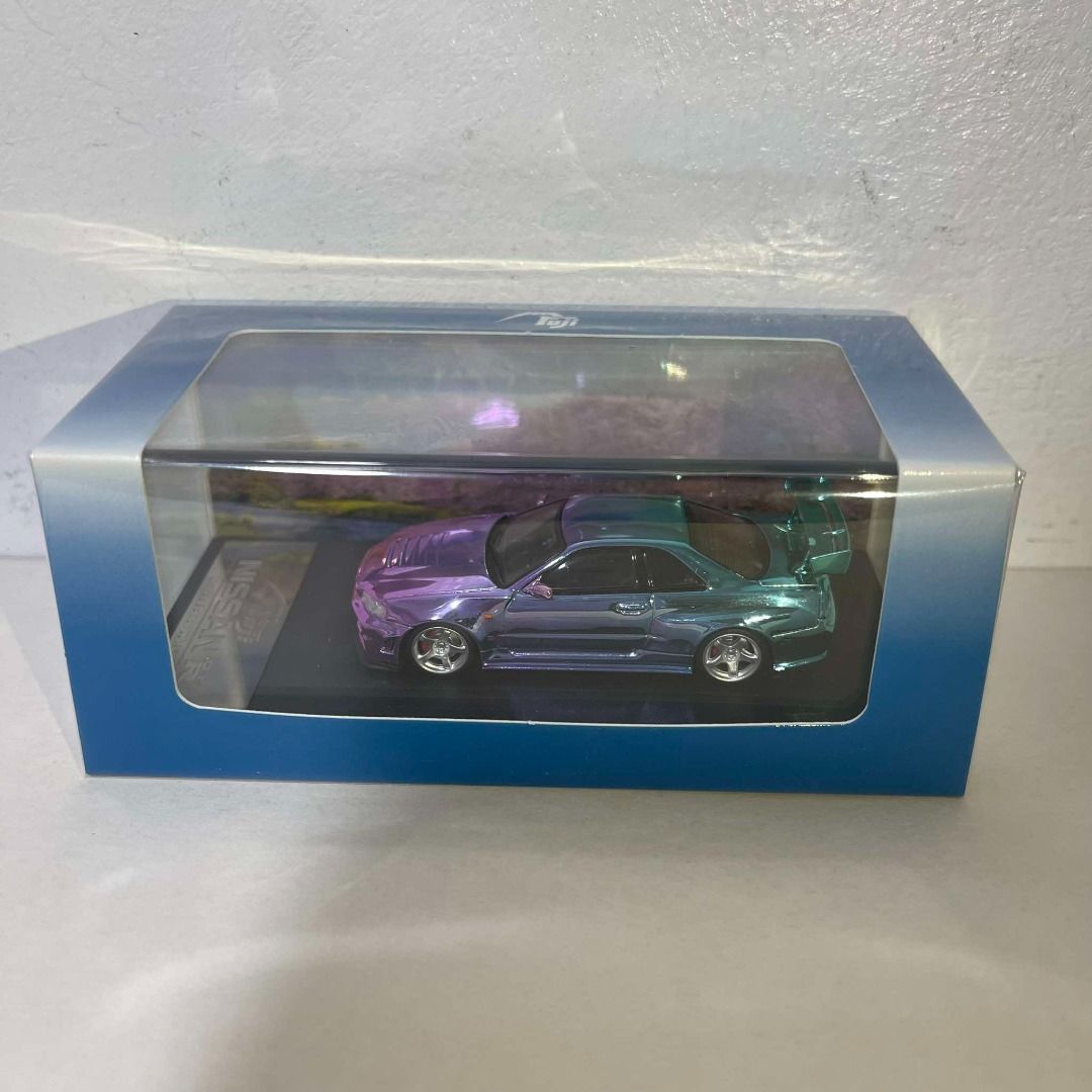 Fuji 1/64 Scale Nissan Skyline GT-R R34 Z-Tune HighWing Chrome Magic Green Purple Die-cast Car ...