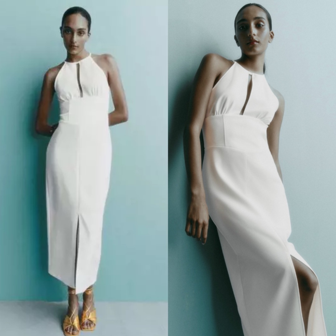 Zara Halter Neck Open Front Slit Midi Dress, Women's Fashion, Dresses ...