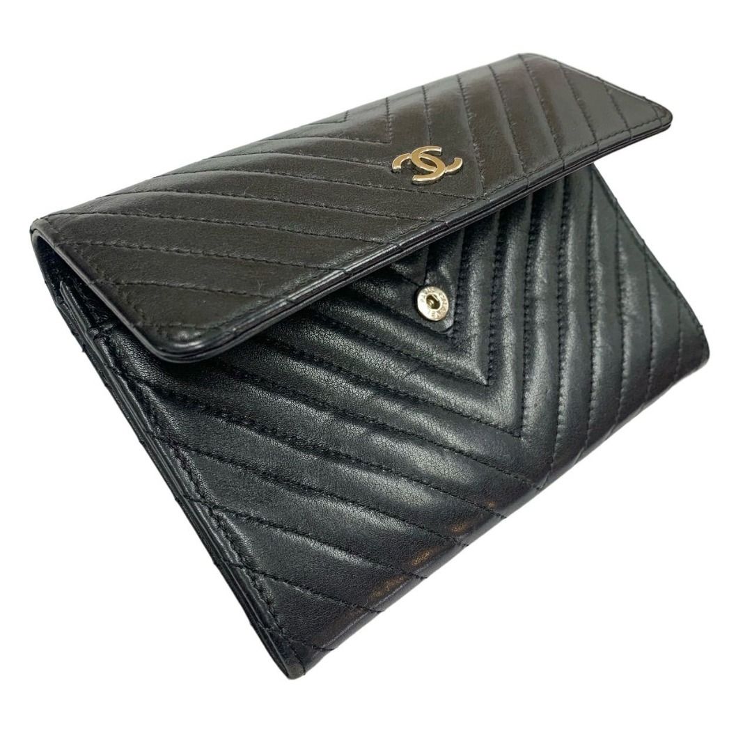 CHANEL Coco Mark V-stitch black leather x silver hardware ladies wallet ...