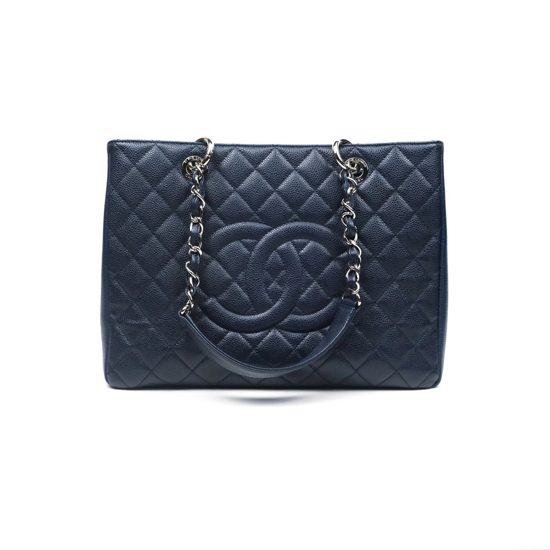 Chanel GST in Navy Blue with Silver Hardware in Caviar Leather, Luxury ...