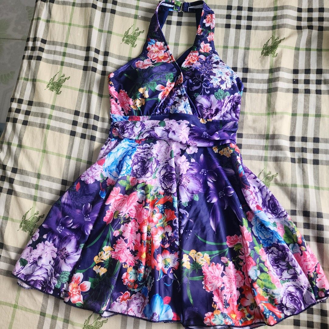 floral purple one-piece skirt swimsuit w/ padding and inner shorts ...
