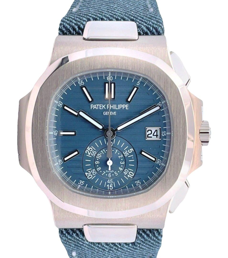 Patek Philippe 40.5mm Nautilus Flyback Chronograph Demin Strap White Gold, 5980/60G-001, Luxury ...