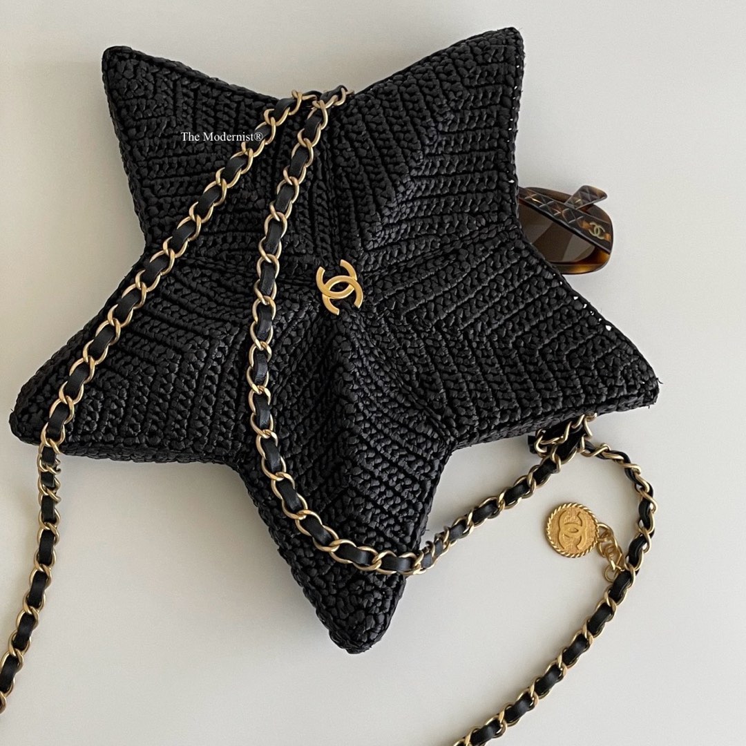 Pre-owned Chanel Star Coco Beach Bag Black Woven Raffia Crochet, Luxury ...