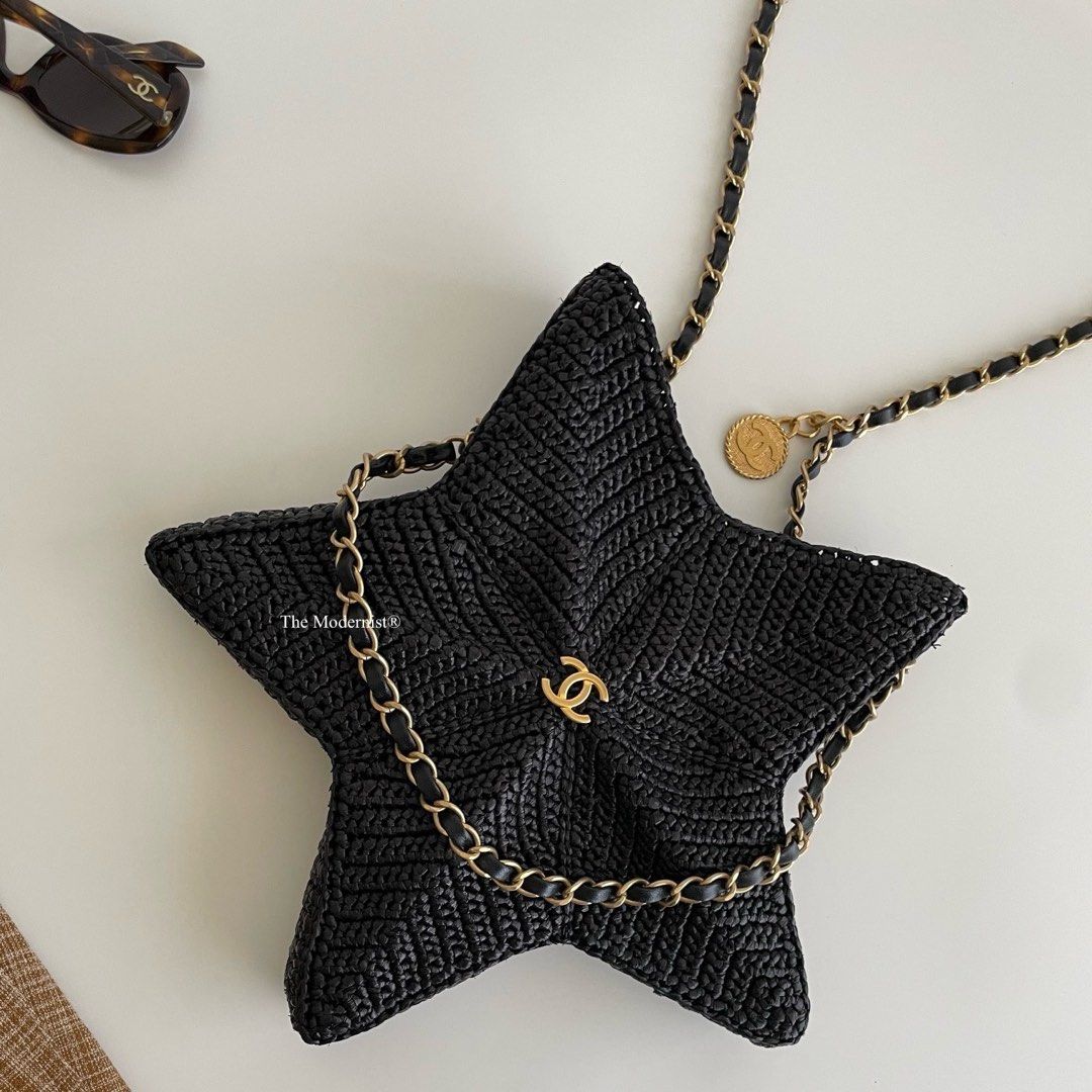 Pre-owned Chanel Star Coco Beach Bag Black Woven Raffia Crochet, Luxury ...
