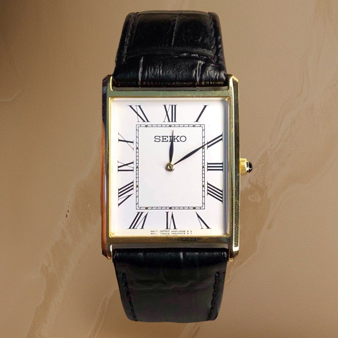 Seiko Watch Men's Square Design Quartz SWR052 White Dial x Black Lea ...
