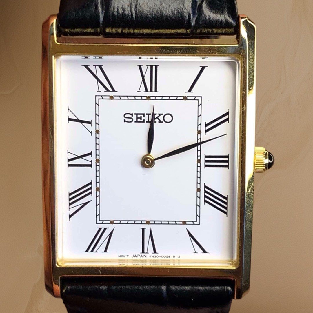 Seiko Watch Men's Square Design Quartz SWR052 White Dial x Black Lea ...