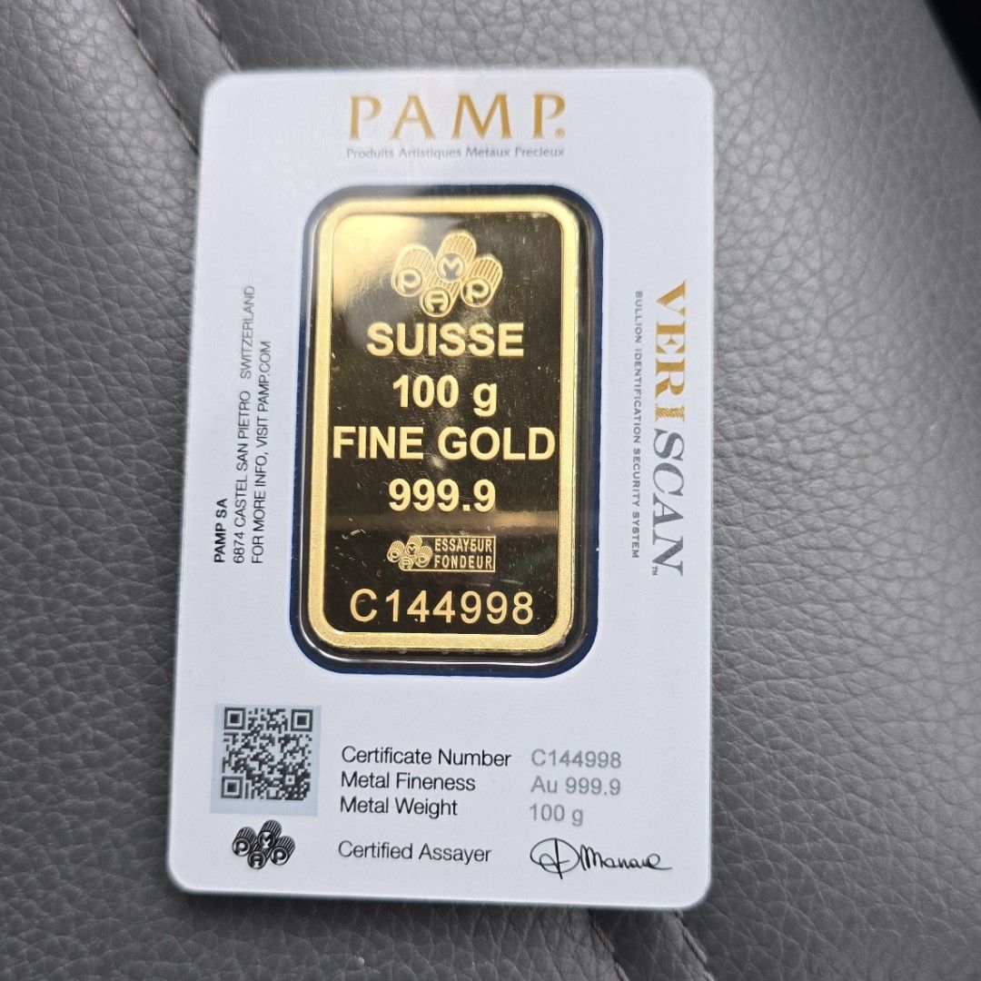 Pamp Suisse 100g 999.9 Gold Bar with Cert (Spot + 1% only), Men's ...