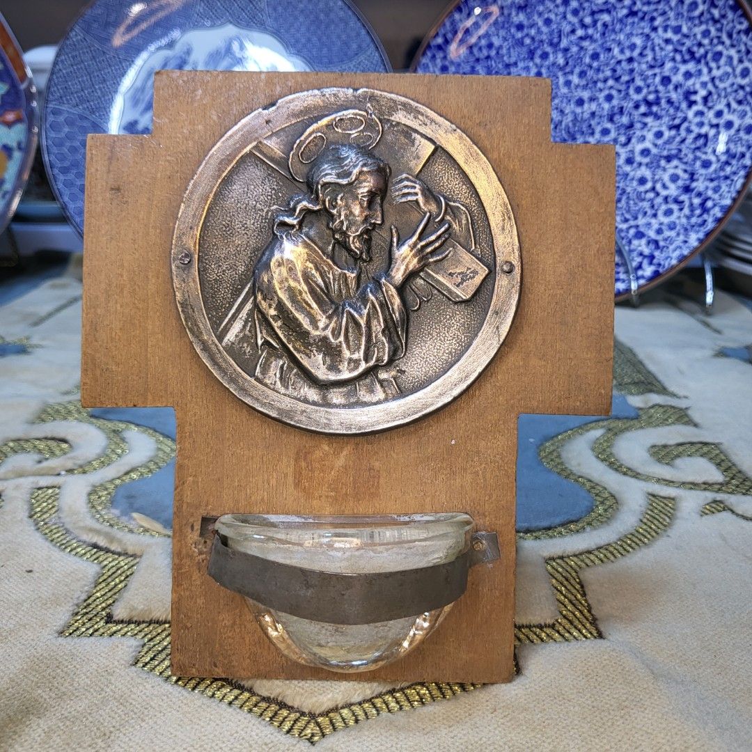Religious Vintage catholic French wooden Holy water font stoup with ...