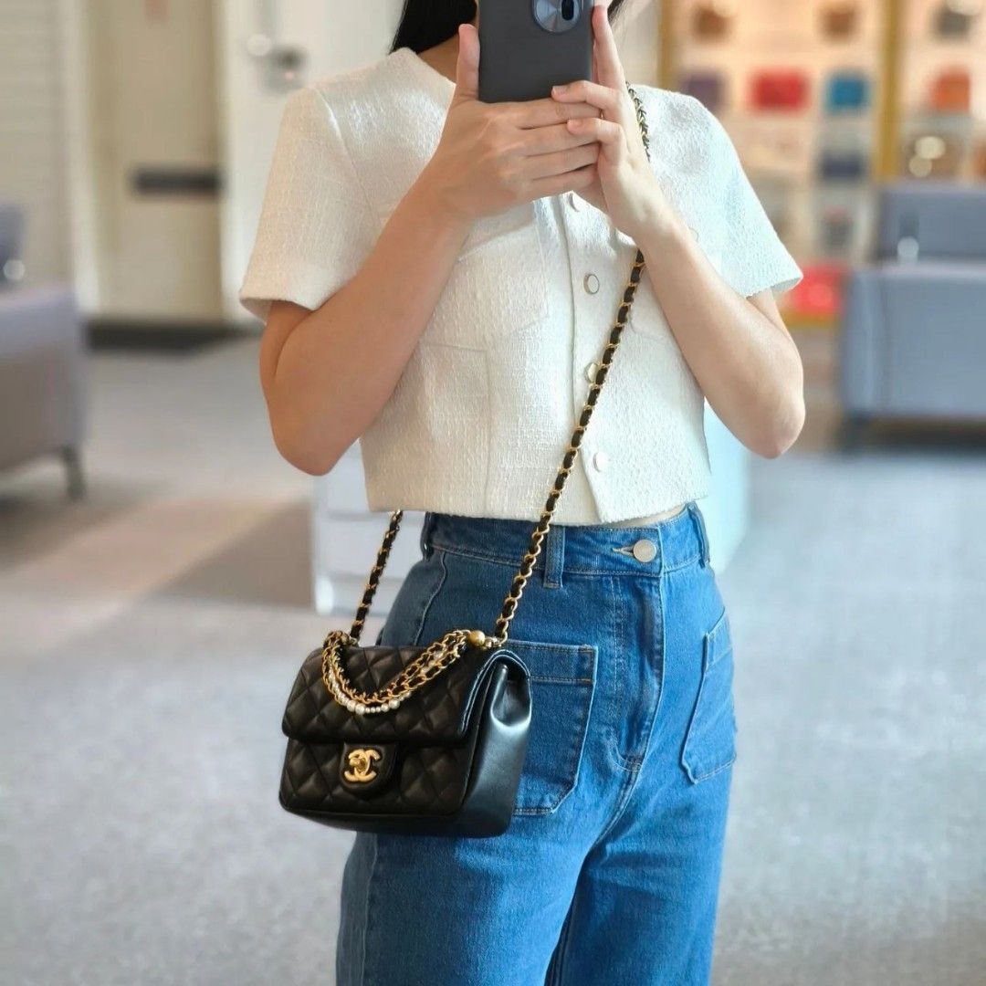 Authentic Cha nel Mini Square 24p Black Lamb Gold Hardware Bag, Luxury ...