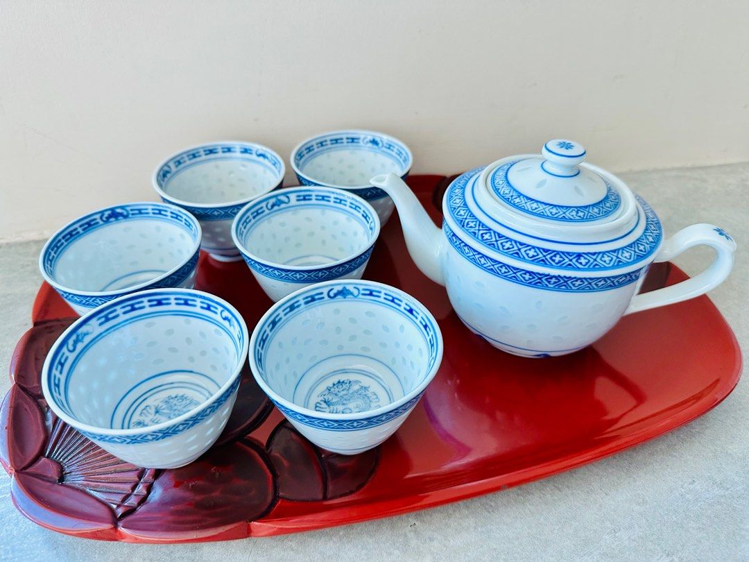 Vintage Chinese Blue and White Rice Grain Design Tea Set, Furniture ...