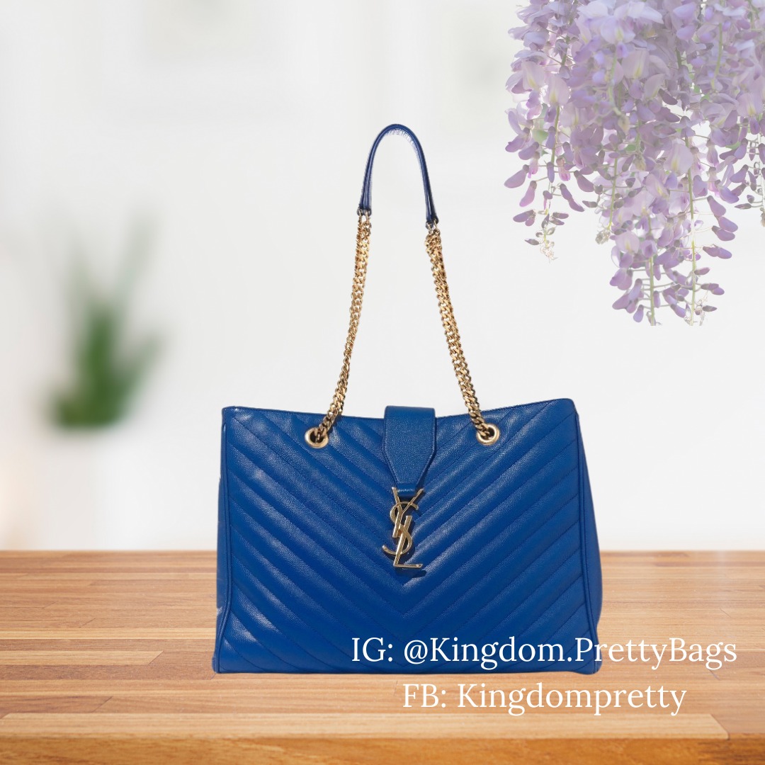 YSL Saint Laurent Blue Chevron Quilted Grained Leather Monogram Chain ...