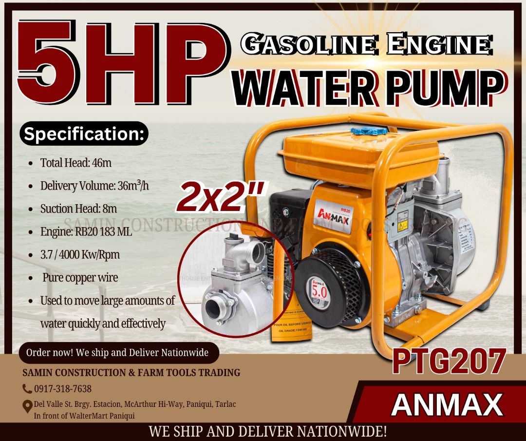 ANMAX Gasoline Water Pump Gasoline Engine Water Pump 2"x2" 5hp 3600Rpm Heavy Duty (PTG-207 ...