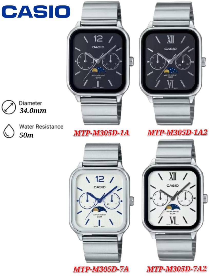 CASIO MTP-M305D STANDARD Analog Day Date Moon Phase Rectangle, Men's ...
