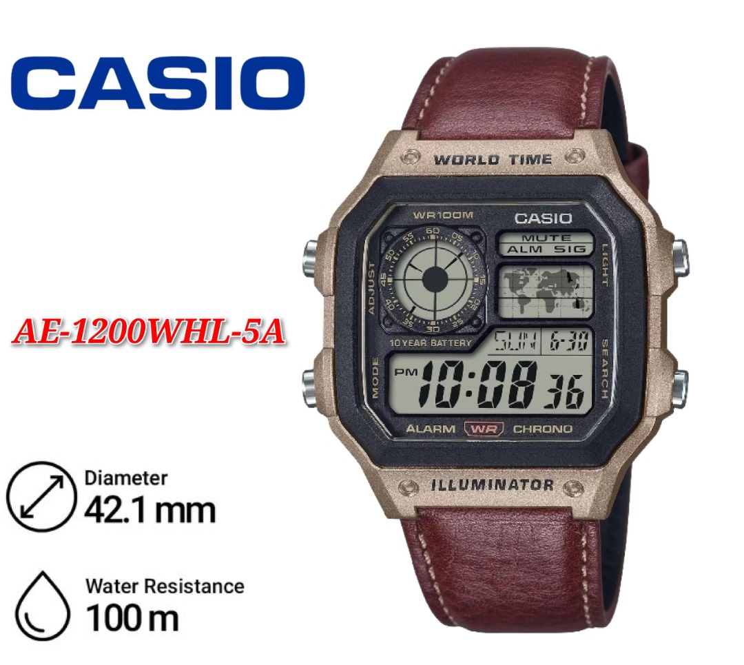 Casio Standard Men's AE-1200WH Watch, Leather Strap, Model AE-1200WHL-5A - Brown, Men's Fashion ...