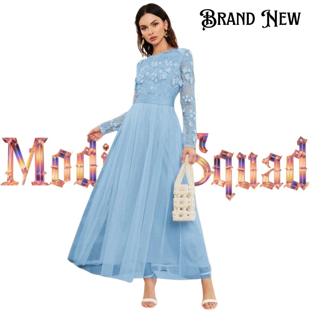 COD Bnew SHEIN Gown Long Gown Sky Blue Gown Light Blue Gown Lace Dress ...