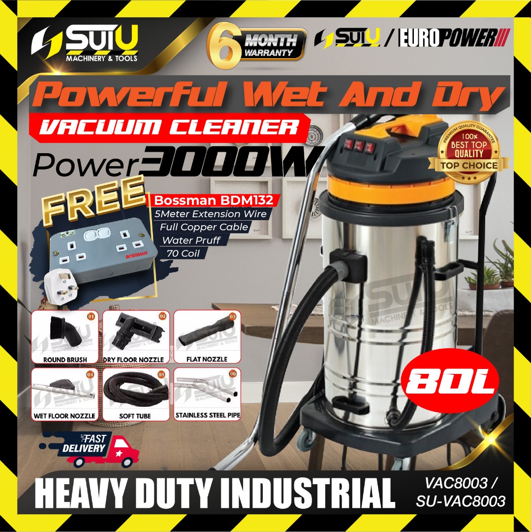 EUROPOWER / SUI U VAC8003 80L Wet & Dry Stainless Steel Vacuum Cleaner ...