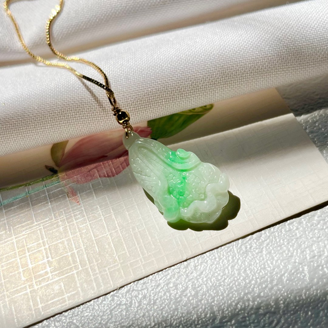Hand-carved Natural Cabbage Jade White and Vibrant Spice Green , with 14K GF clasp, Women's ...