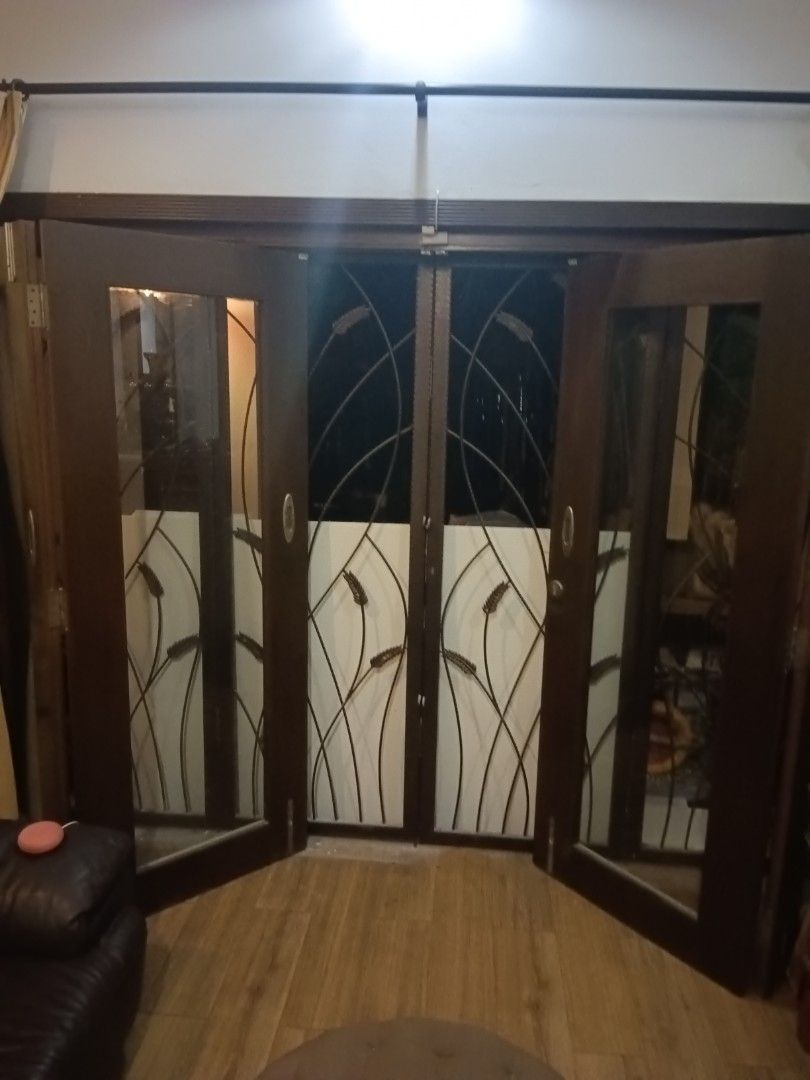 Preloved Timber Wood 4 Fold Sliding Door with Glass, in working ...