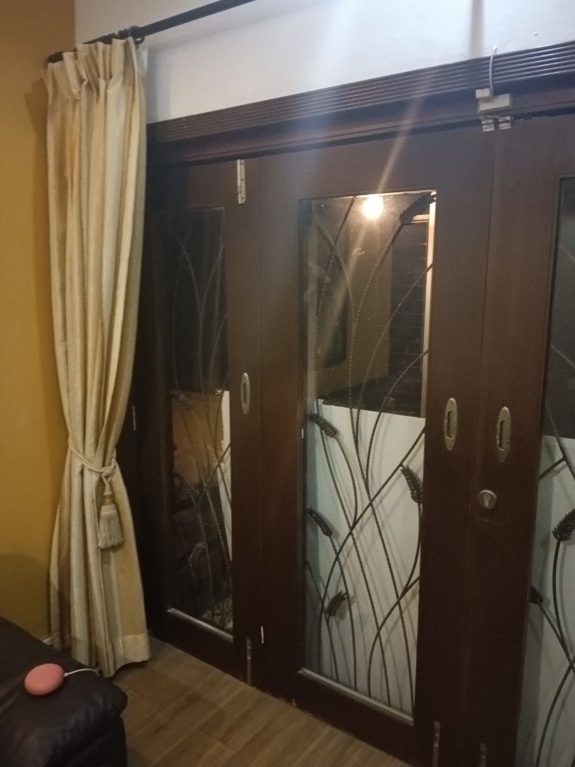 Preloved Timber Wood 4 Fold Sliding Door with Glass, in working ...