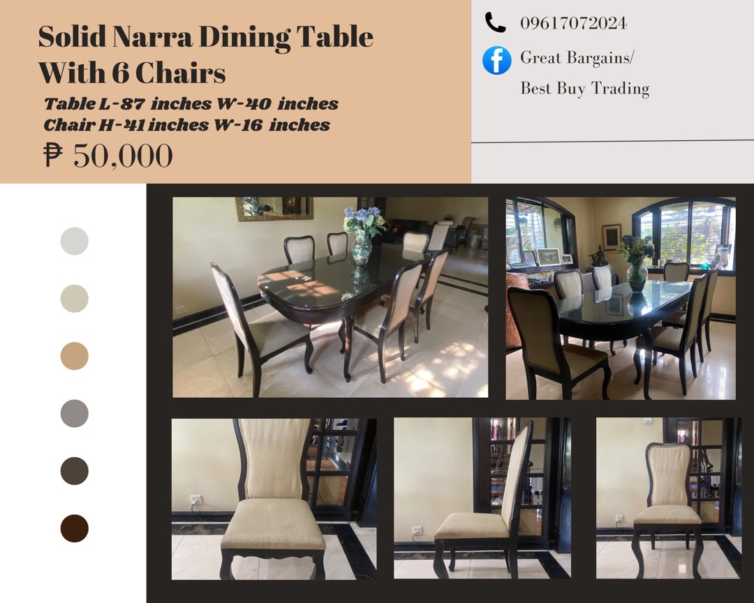 Solid Narra Dining Table with 6 Chairs, Furniture & Home Living ...