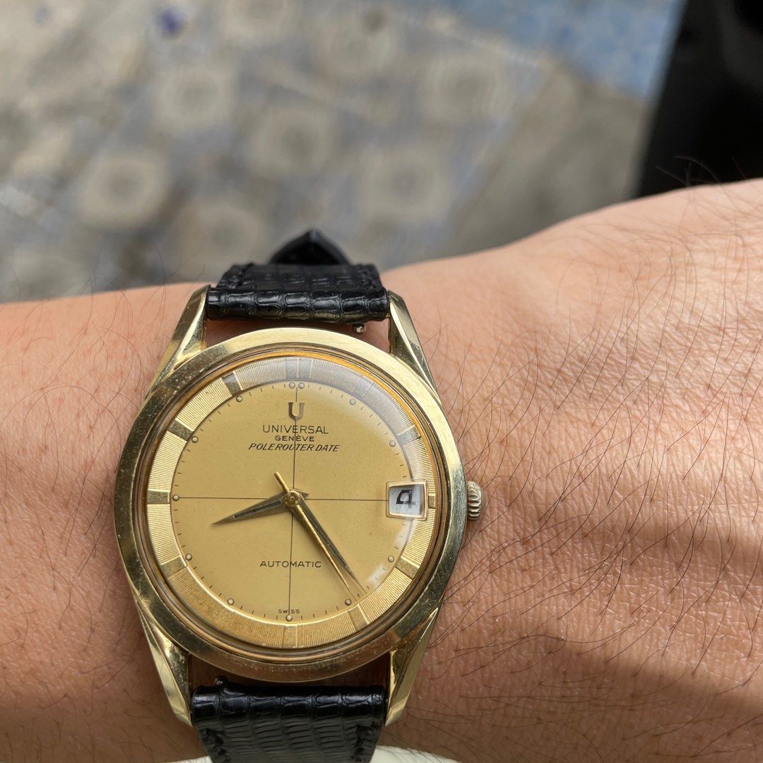 Universal geneve polerouter date gold, Fesyen Pria, Jam Tangan di Carousell