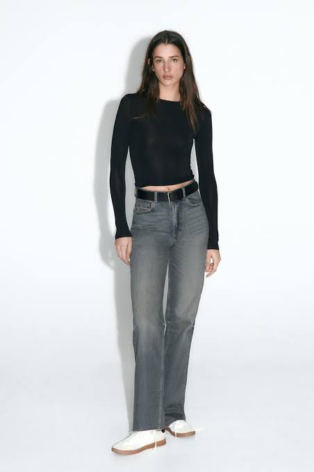 BRANDNEW ZARA polyamide black longsleeves body fit crew neck top skims ...