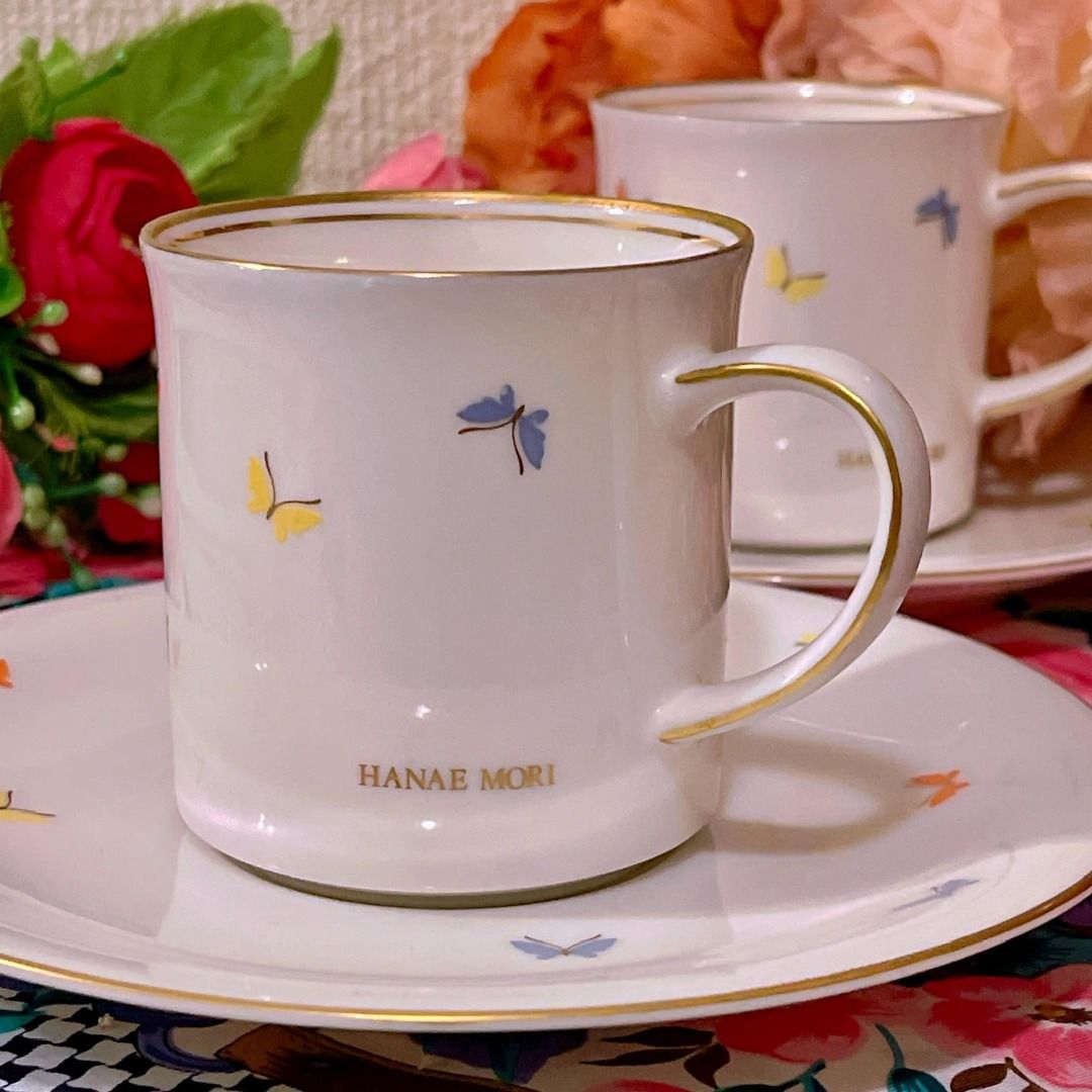 Made in Japan HANAE MORI Colorful CHO Butterfly Pattern Gold Trim Cup ...