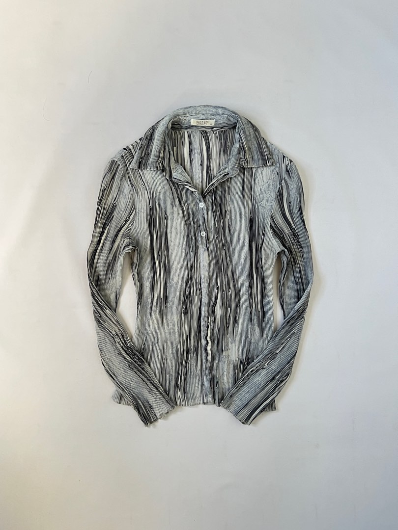 vintage wanko drippy print pleated button down top S/M L24.5 W11.5 ...