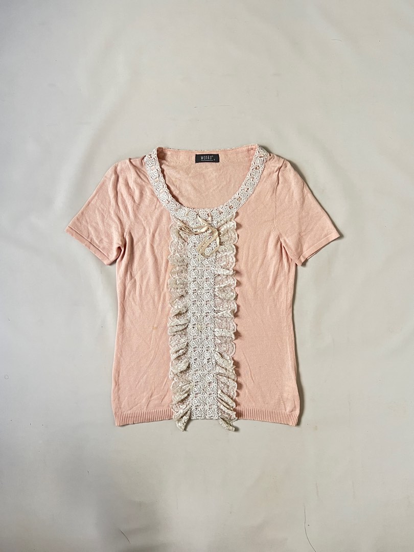 wanko milkmaid light pink ruffled lace coquette dreamy top S/M L23 W15 ...