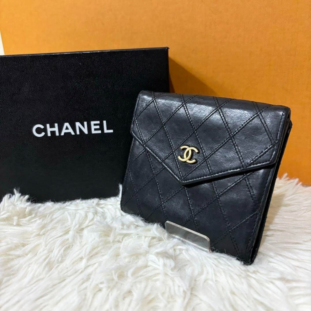 CHANEL Bicolor Coco Mark Folding Wallet Serial Seal Double Hook Black ...