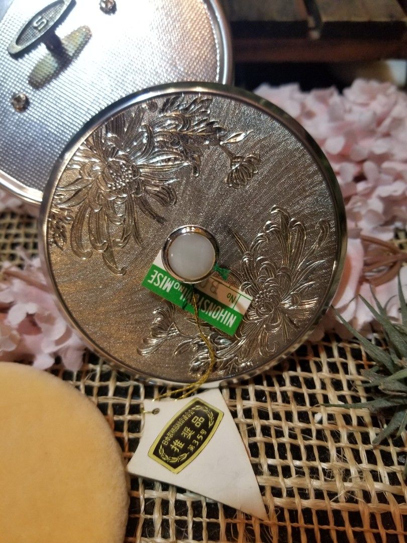 Japan Vintage Nihonsyumi Sankyo silver Aluminum ornate round wind up ...