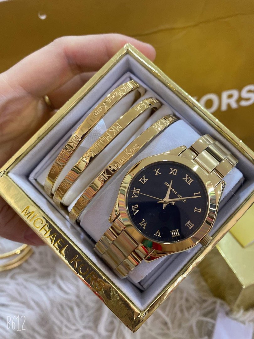 MK SET SLIM BLACK DIAL W BANGLES AUTHENTIC WATCH, Women's Fashion ...