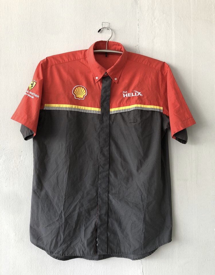 Vintage Ferrari Shell Formula 1 kemeja F1 Racing Shirt, Men's Fashion ...