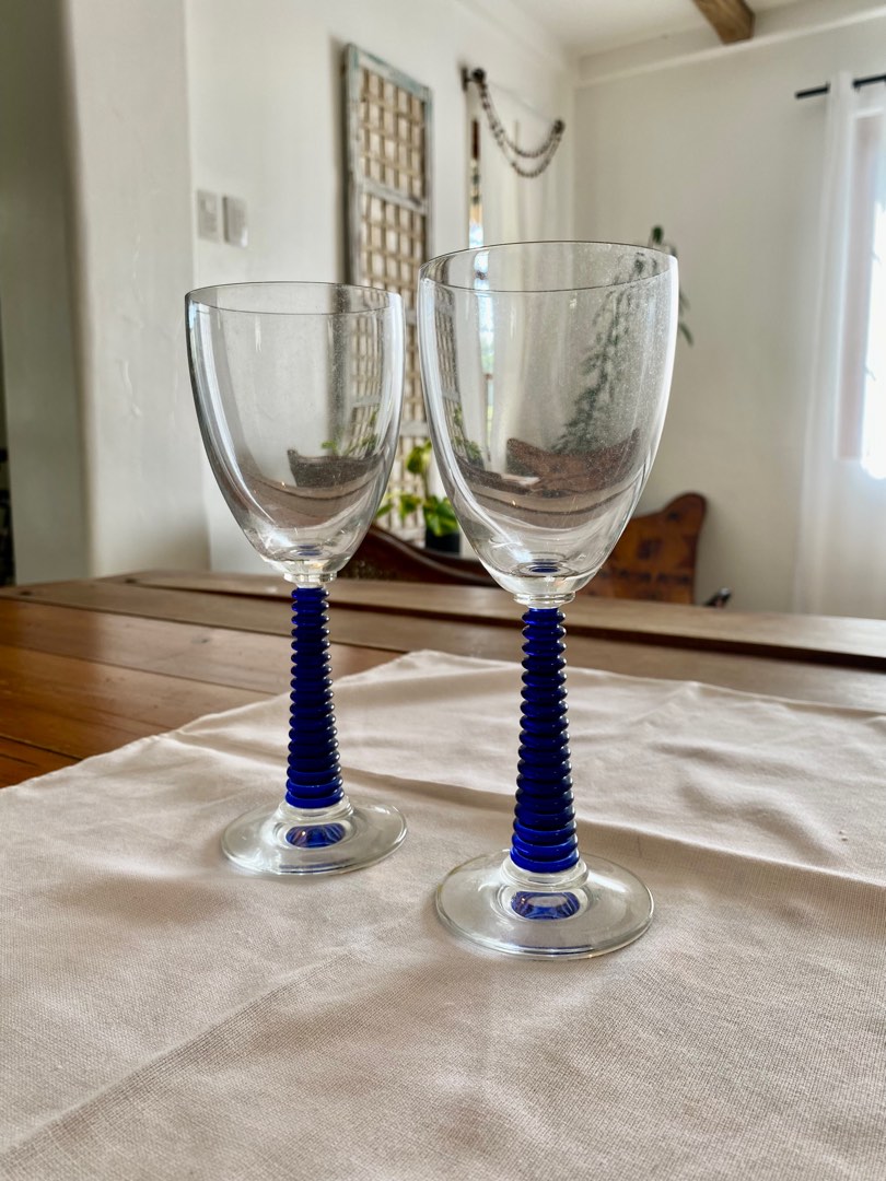 Vintage wine glass ribbed stem, set of 2, Furniture & Home Living ...