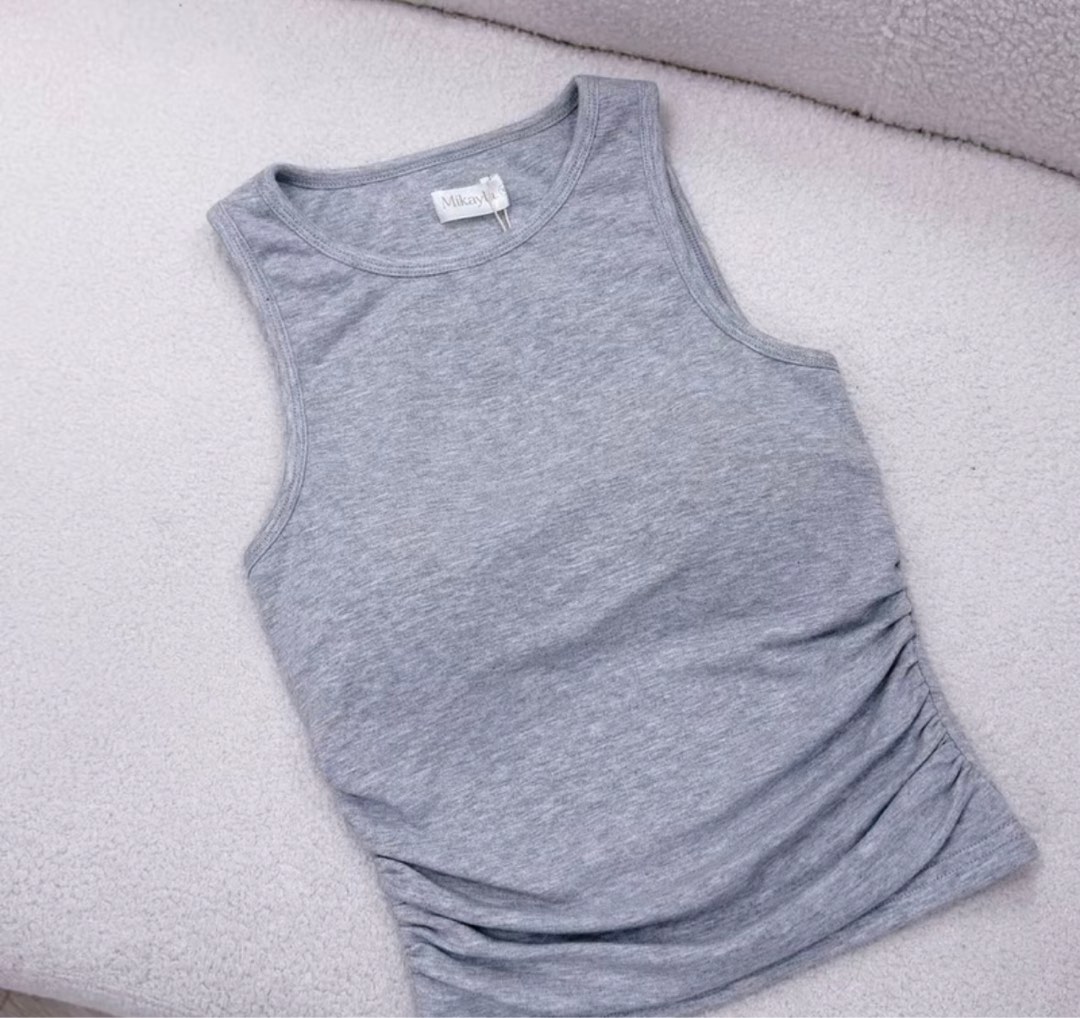 (BARE/BASIC) Marisa Racer Side Ruched Top in Grey, Women's Fashion ...