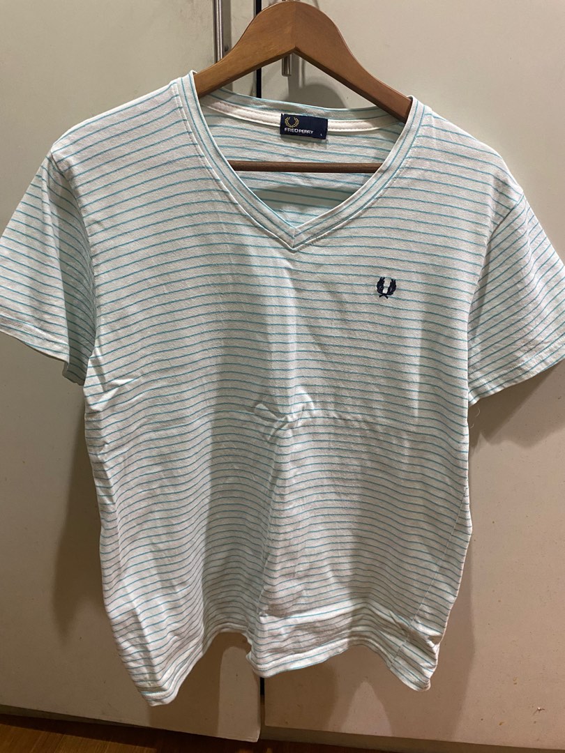 Fred Perry v neck green and white stripes shirt, Men's Fashion, Tops ...