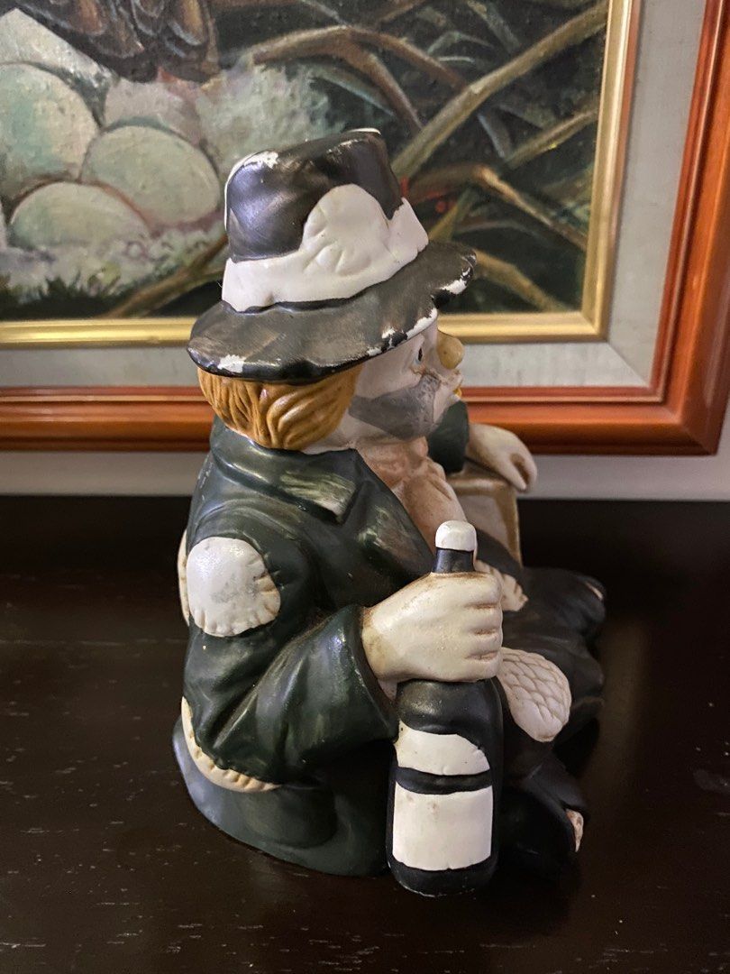 Vintage Music Box of Porcelain Hobo Clown Sitting On A Bench with a ...