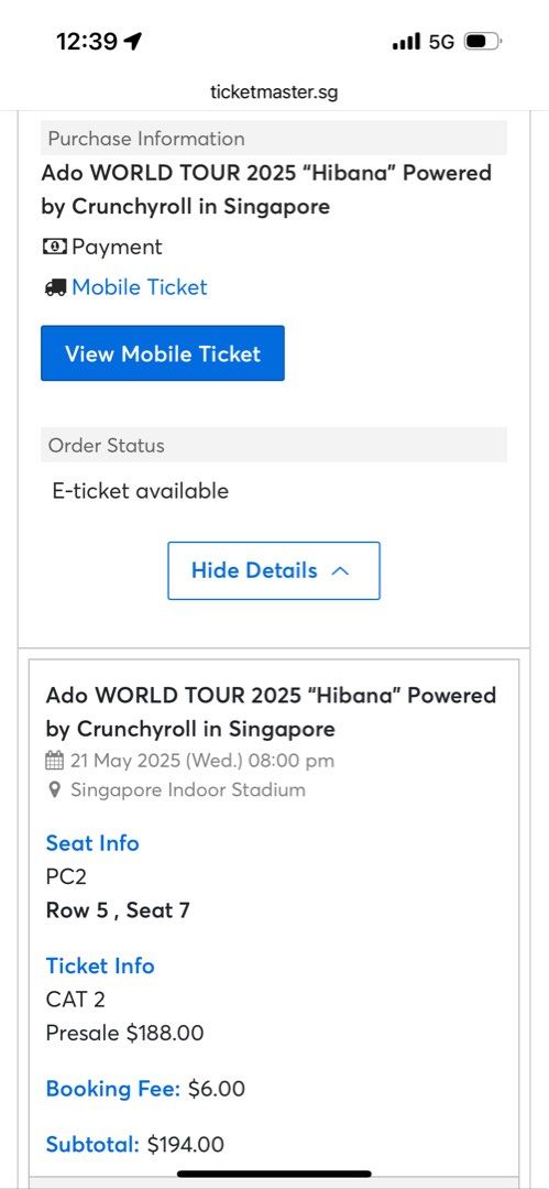 Ado World Tour 2025 Hibana 1x CAT2 seat Live concert Ticket, Tickets ...