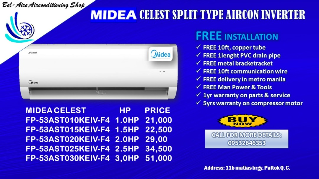 MIDEA CELEST SPLI TTYPE AIRCON INVERTER FREE INSTALLATION, TV & Home ...