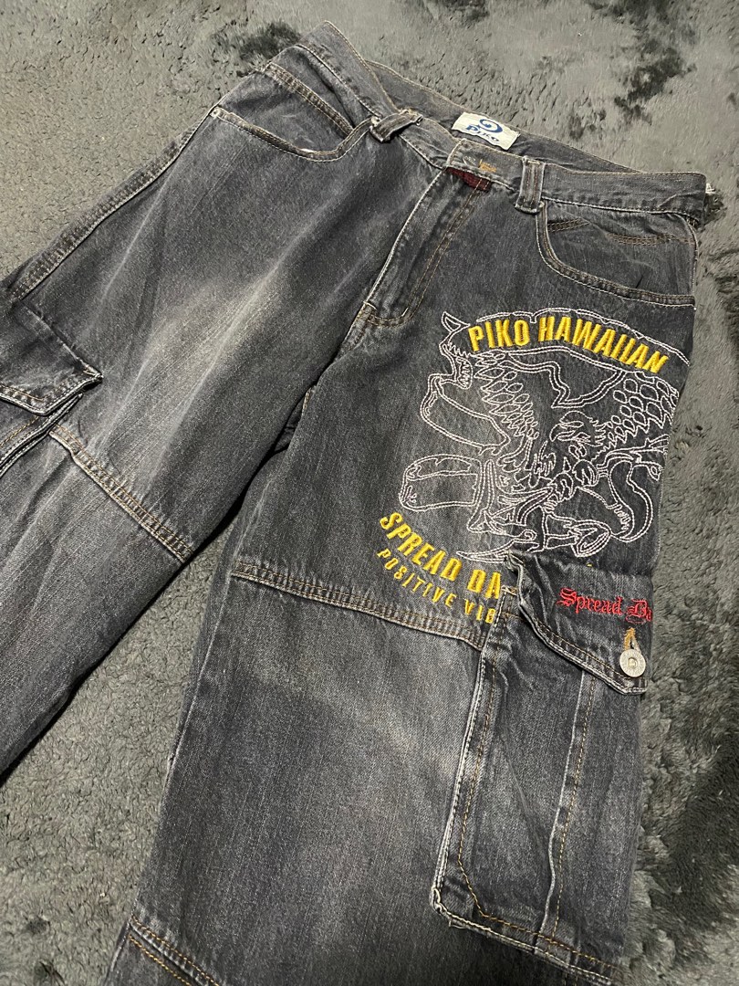 Piko Hawaiian Baggy Cargo Pants y2k, Men's Fashion, Bottoms, Jeans on Carousell