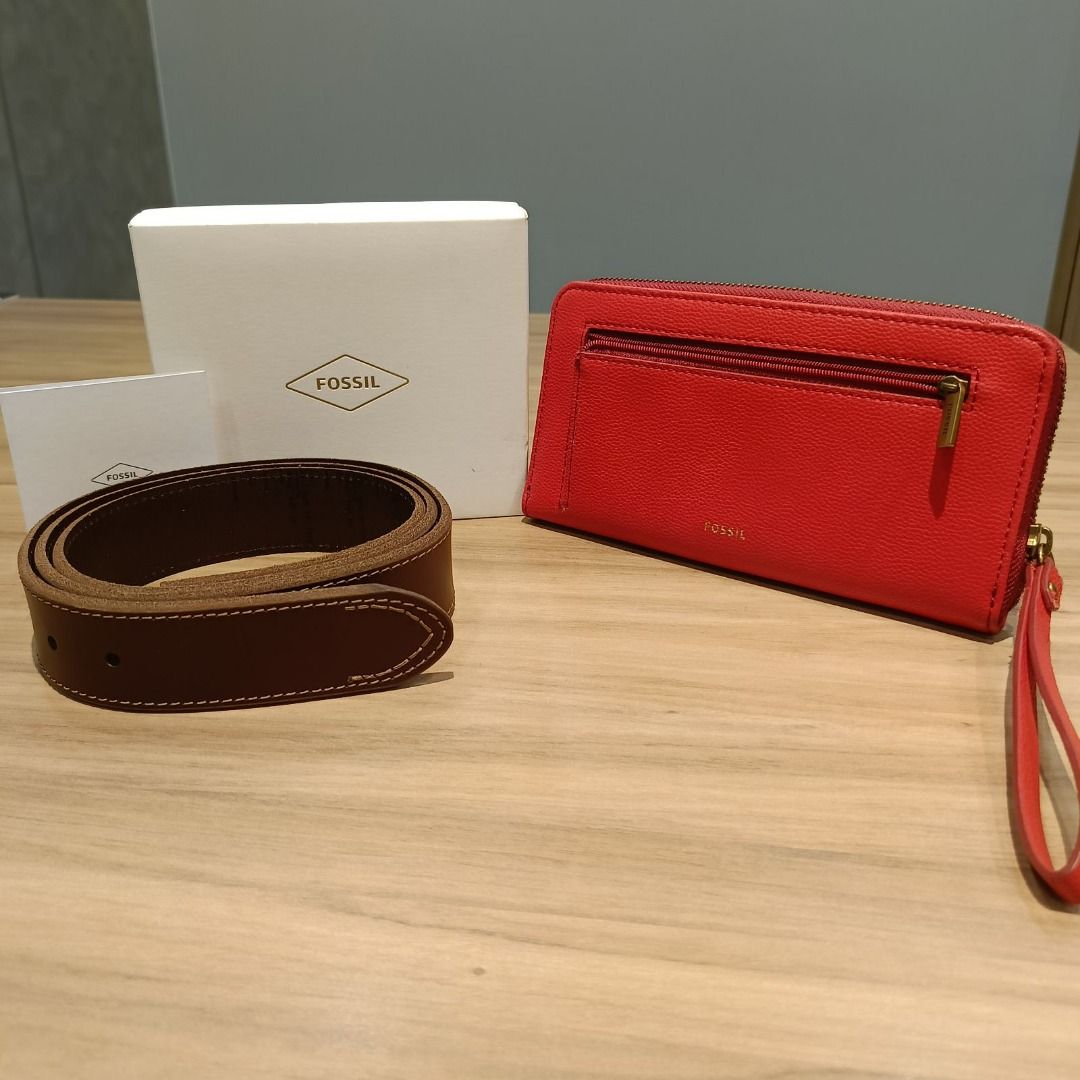247006623 SLG WALLET FOSSIL LONG RED AND BELT (SET), Luxury, Bags ...