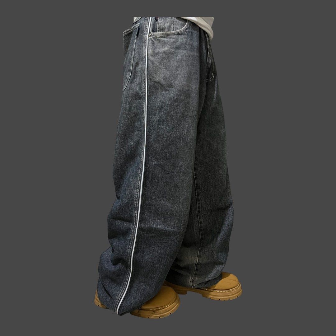 B24 Keeson Faded Dark U Shaped Pockets Baggy Denim Jeans, Men's Fashion ...