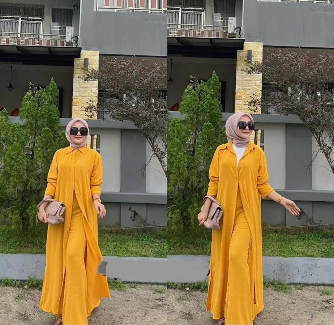 Baju set dengan seluar evening outing free size, Women's Fashion ...