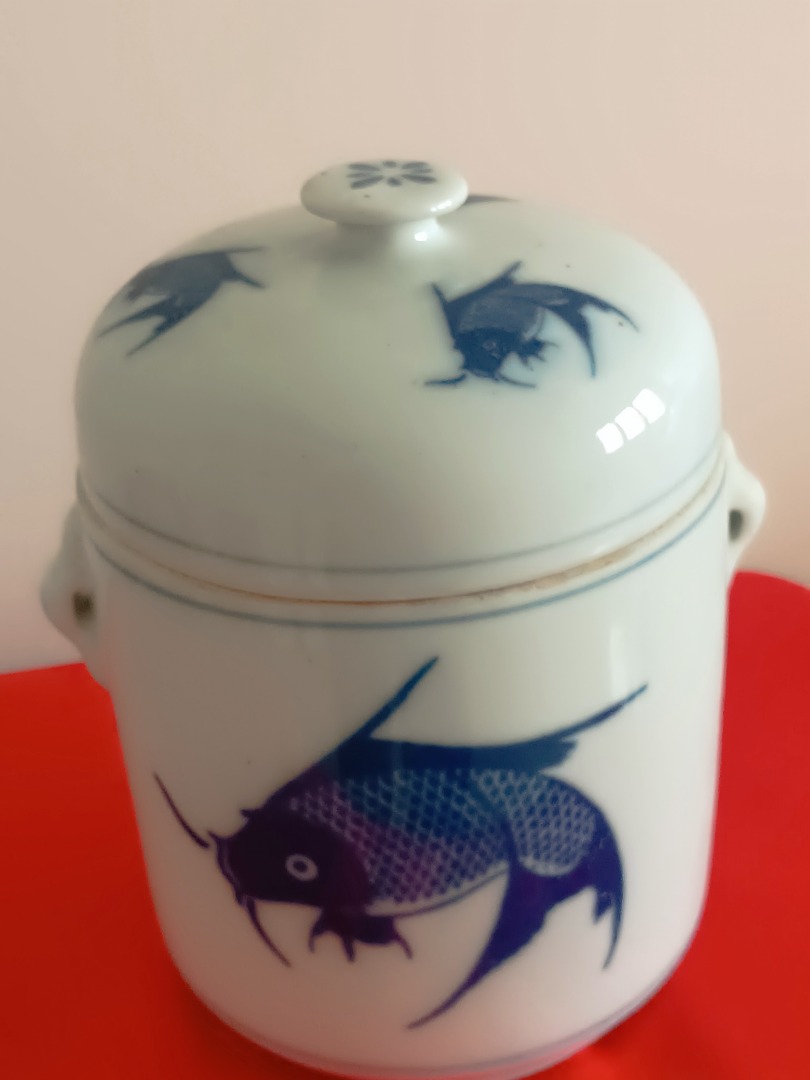 Blue Koi Fish Porcelain Ginseng Pot Vintage Chinese Soup Pot, Furniture ...