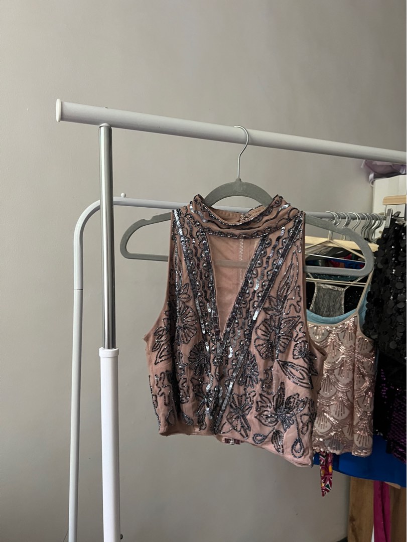 Heavily beaded nude mesh halter top, Women's Fashion, Tops, Sleeveless ...